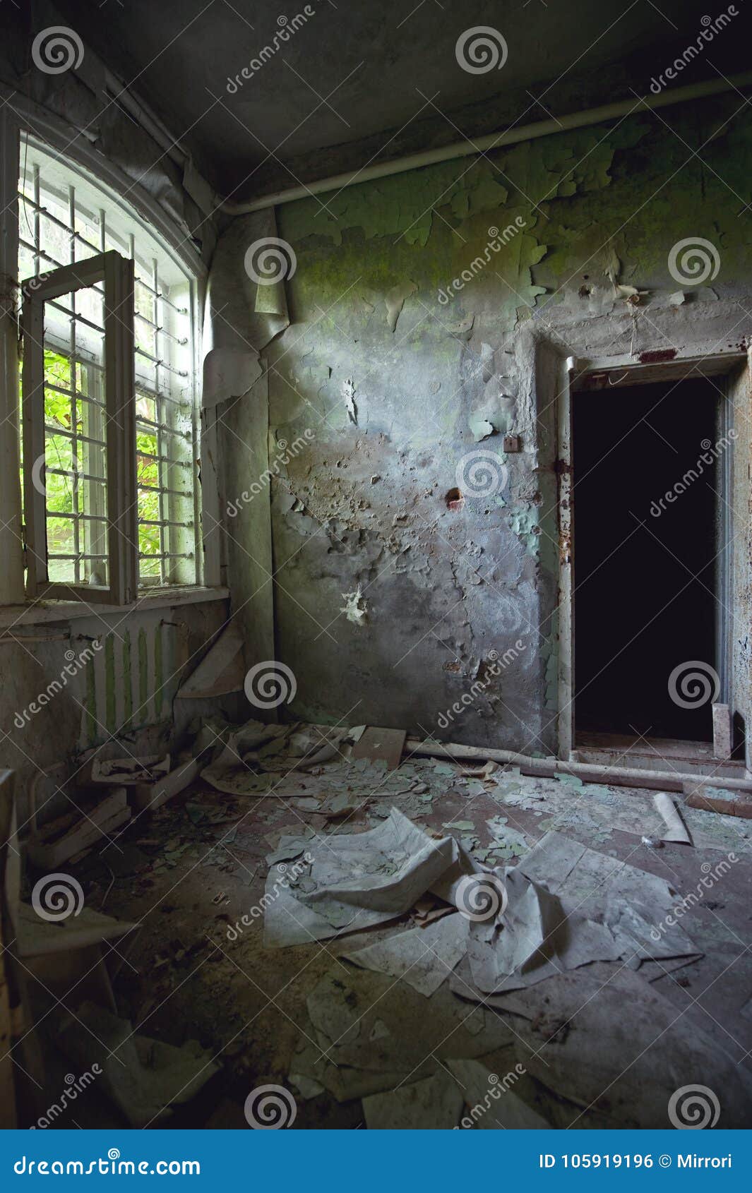 Destroyed Room in Pripyat, Open Windows with Bars, Black Door Opening ...