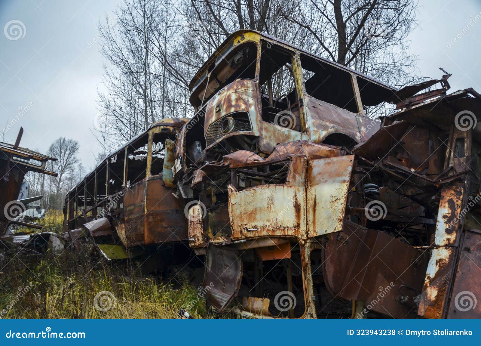 Destroyed Rusty Buses in Recycling Scrap Yard Stock Photo - Image of ...