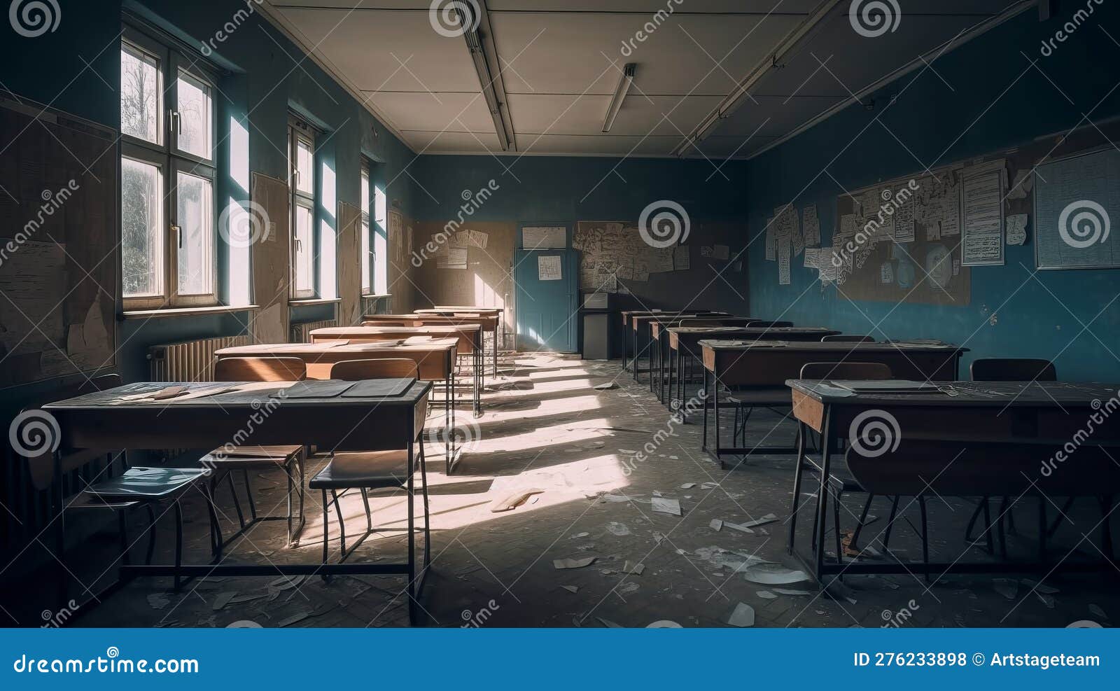 A Destroyed School Classroom with Broken Windows. AI Generated Stock ...