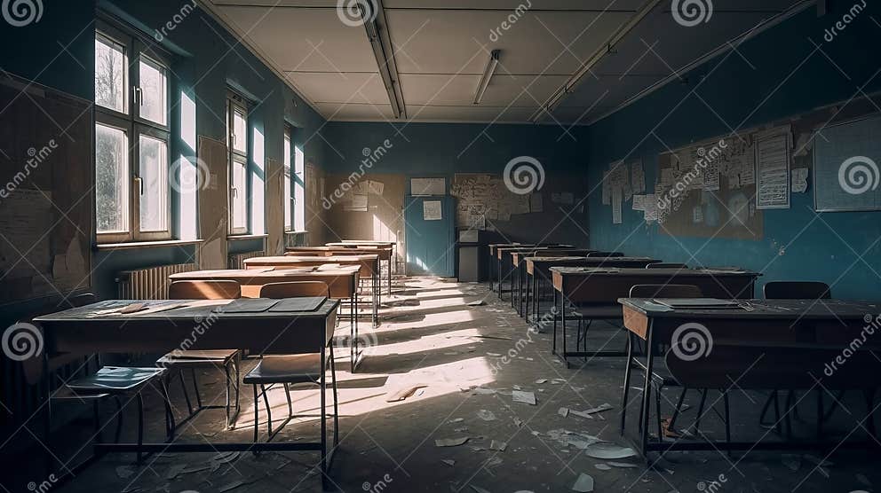 A Destroyed School Classroom with Broken Windows. AI Generated Stock ...