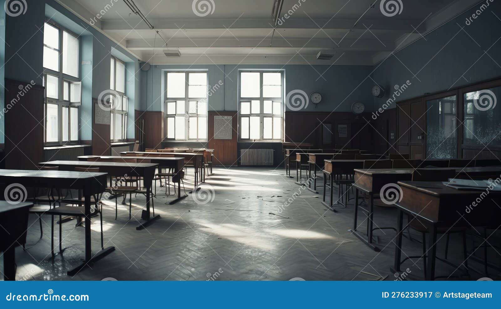 A Destroyed School Classroom with Broken Windows. AI Generated Stock ...