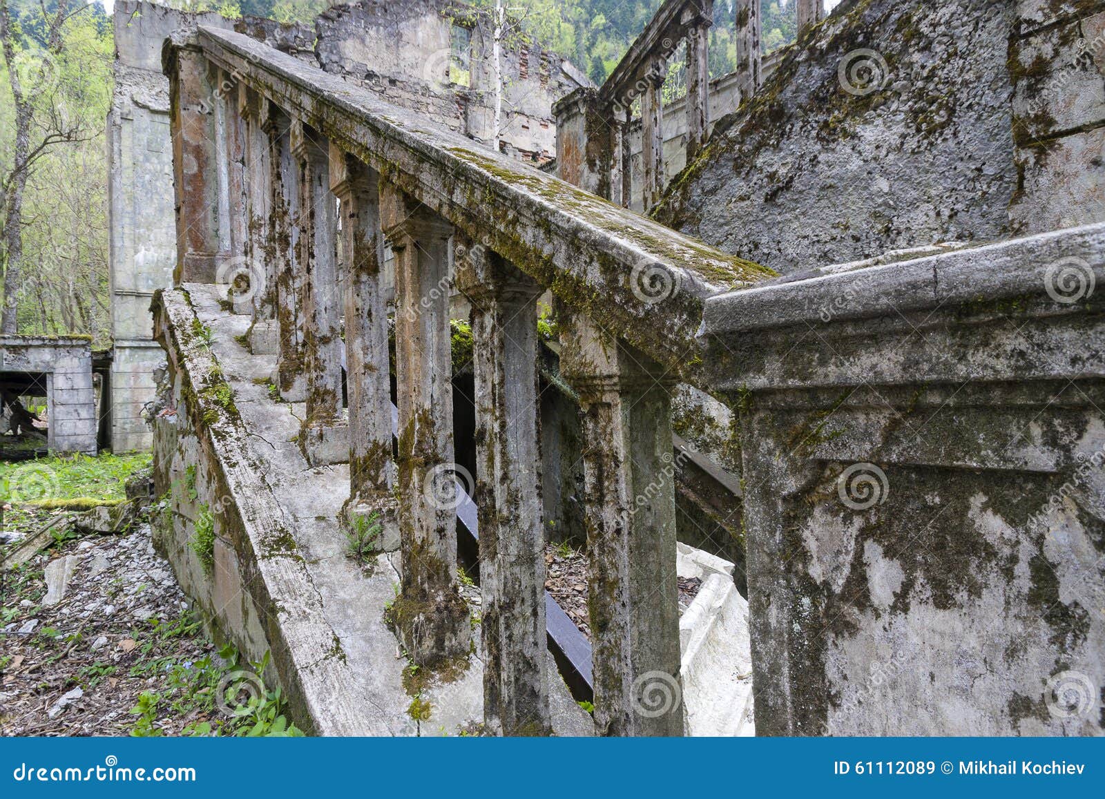 Destroyed Stairs With A Metal Railing Nostalgically Lit Stock ...