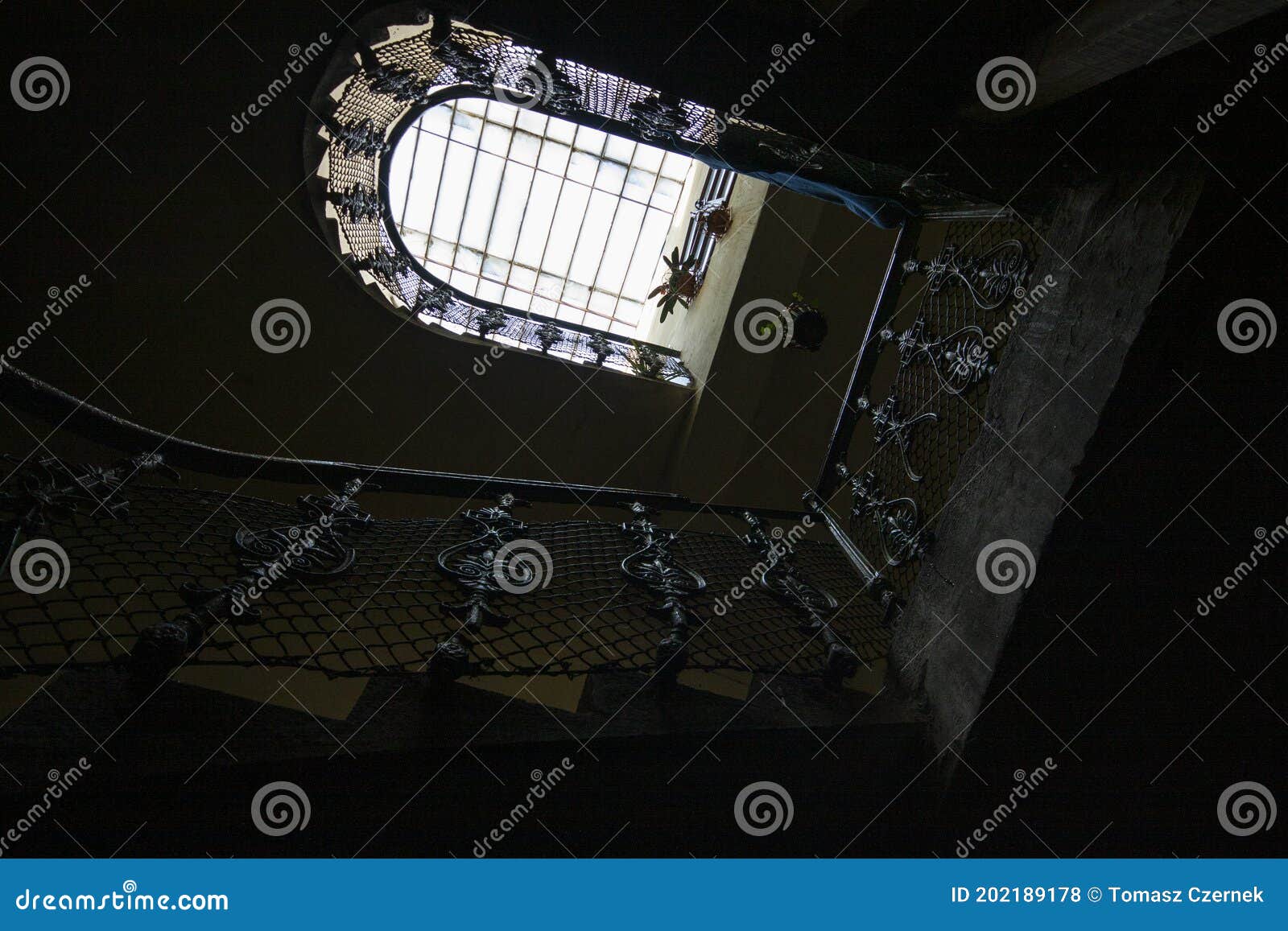 Destroyed Stairs With A Metal Railing Nostalgically Lit Stock ...
