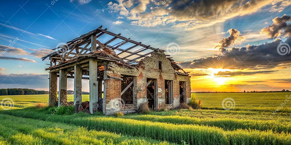 Destroyed Structure in the Field Creative AI Stock Illustration ...