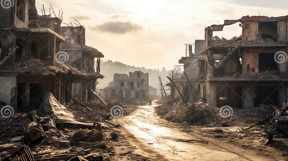 Destroyed Town with Collapsing Structures in War. Generative Ai Stock ...