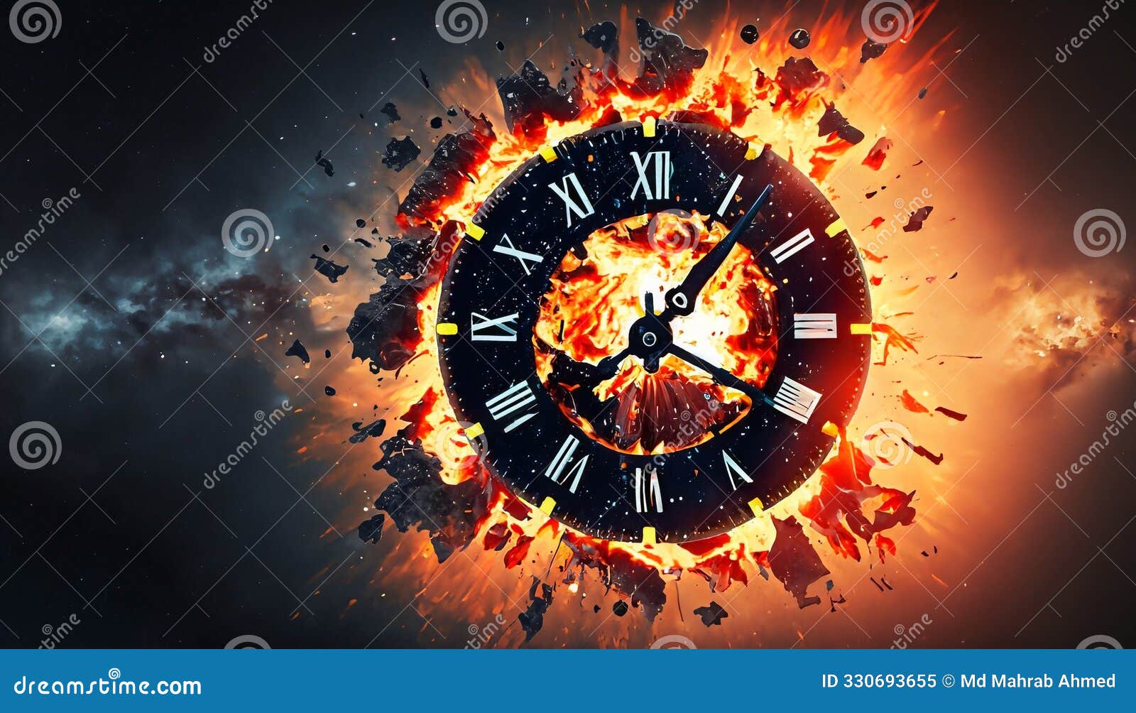 Destroying Burning Clock in Space. Clock Inner Mechanical Parts Shows ...
