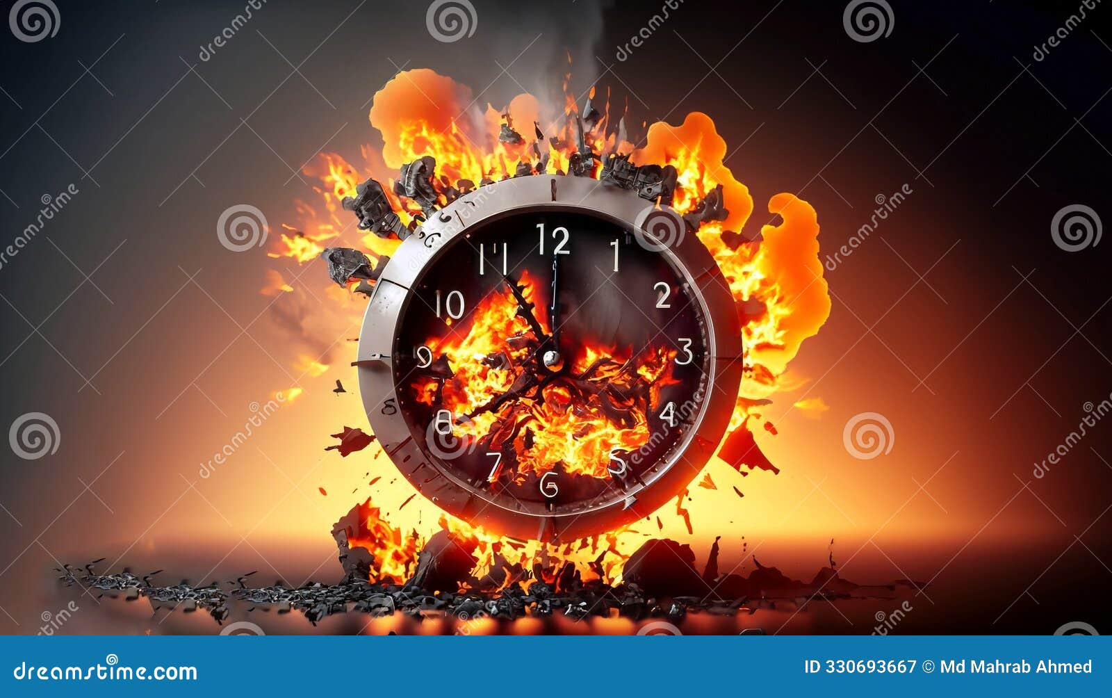 Destroying Burning Clock in Space. Clock Inner Mechanical Parts Shows ...