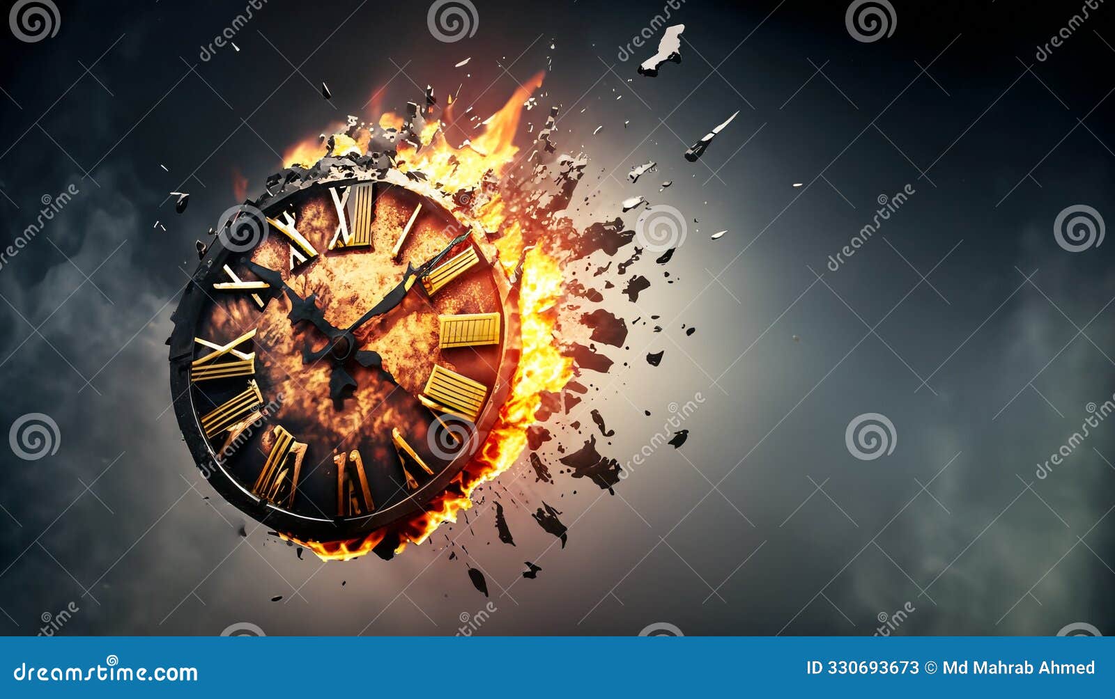 Destroying Burning Clock in Space. Clock Inner Mechanical Parts Shows ...