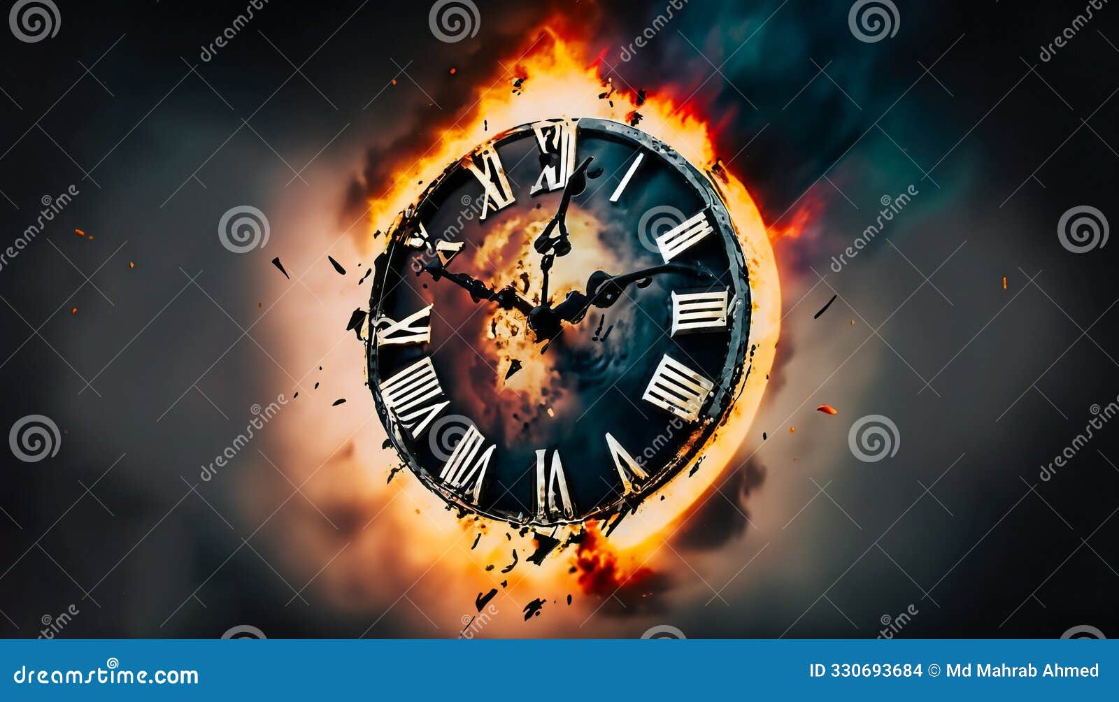 Destroying Burning Clock in Space. Clock Inner Mechanical Parts Shows ...