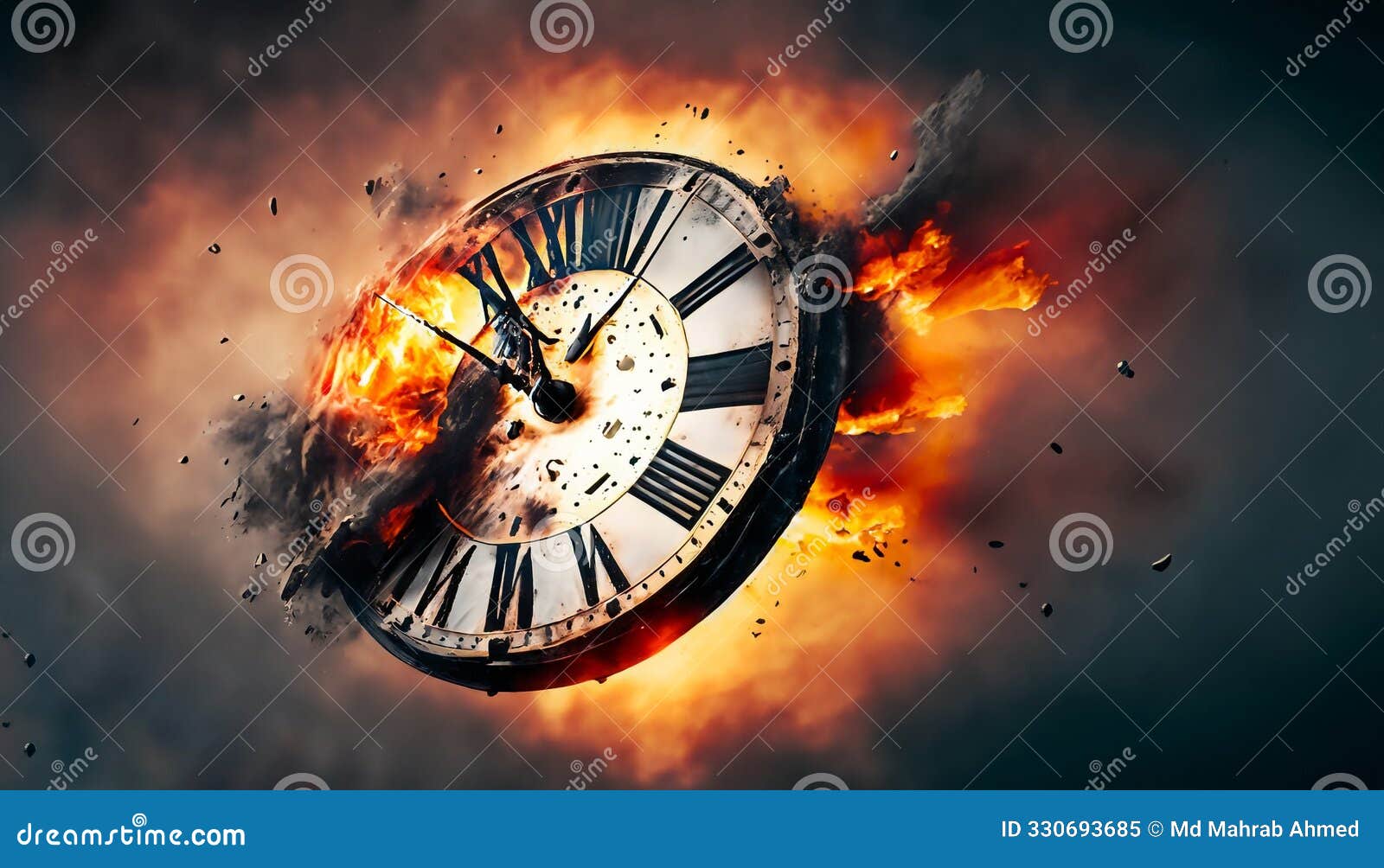 Destroying Burning Clock in Space. Clock Inner Mechanical Parts Shows ...