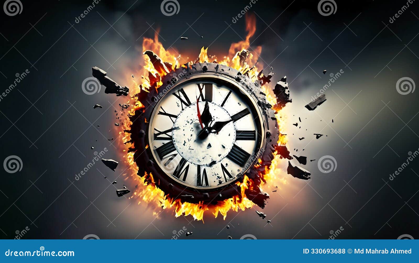 Destroying Burning Clock in Space. Clock Inner Mechanical Parts Shows ...