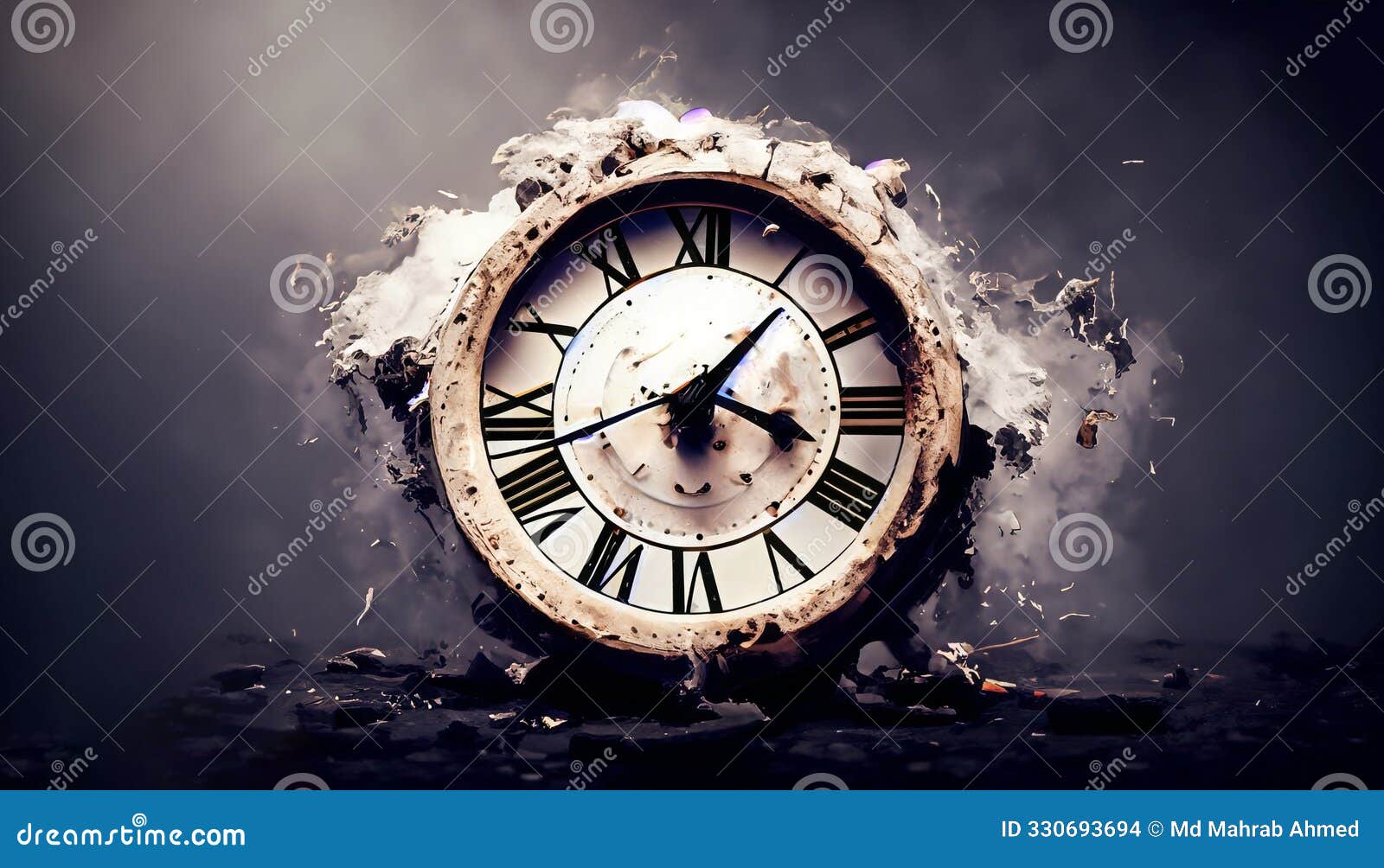 Destroying Burning Clock in Space. Clock Inner Mechanical Parts Shows ...