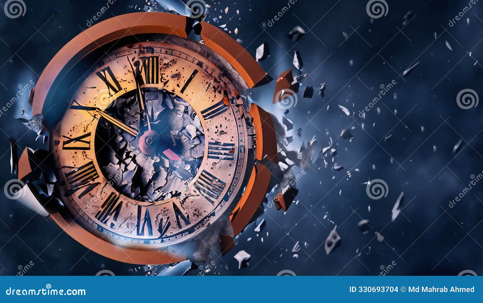 Destroying Burning Clock in Space. Clock Inner Mechanical Parts Shows ...