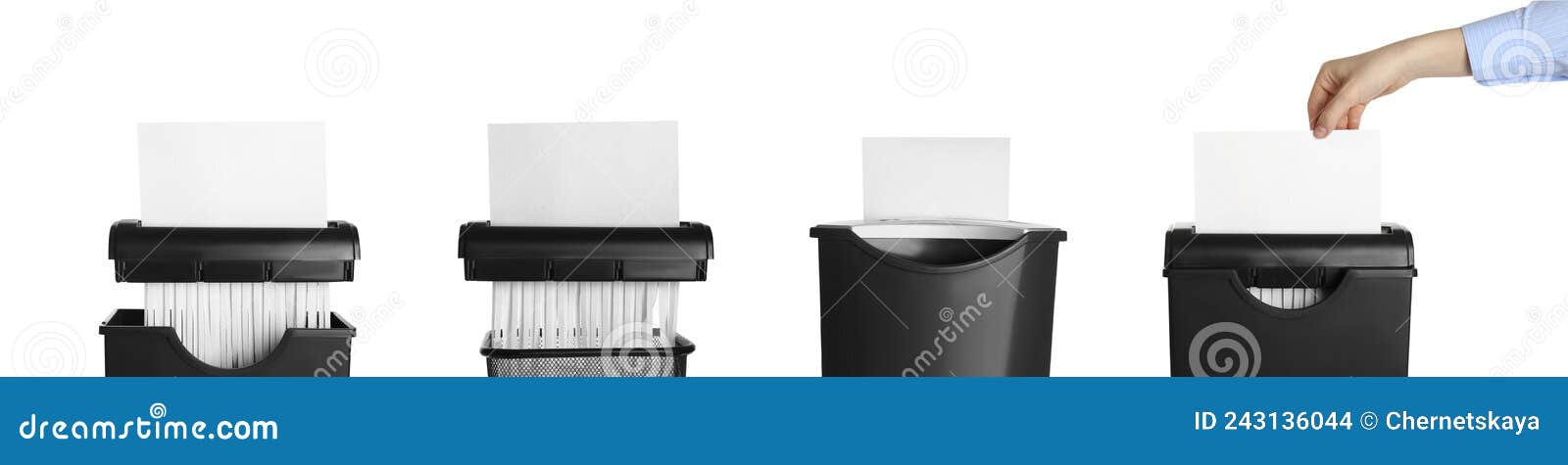 Destroying Paper with Shredders on White Background, Collage. Banner ...