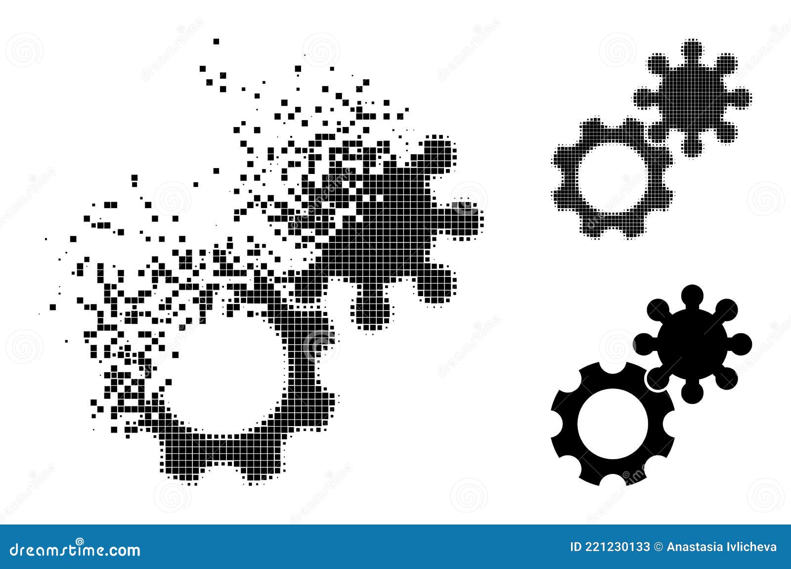 Destructed and Halftone Pixelated Gears Icon Stock Vector ...