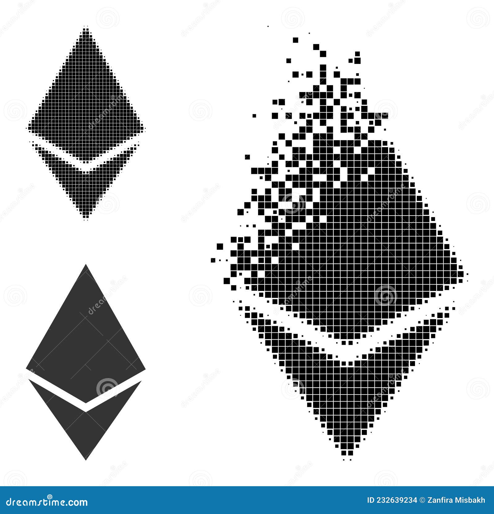Destructed Pixelated Ethereum Crystal Glyph with Halftone Version Stock ...