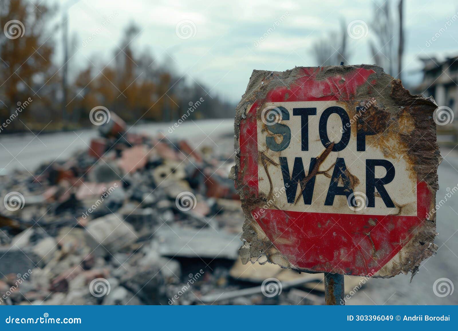 Destruction Speaks: Road Sign Pleads STOP WAR. Stock Illustration ...