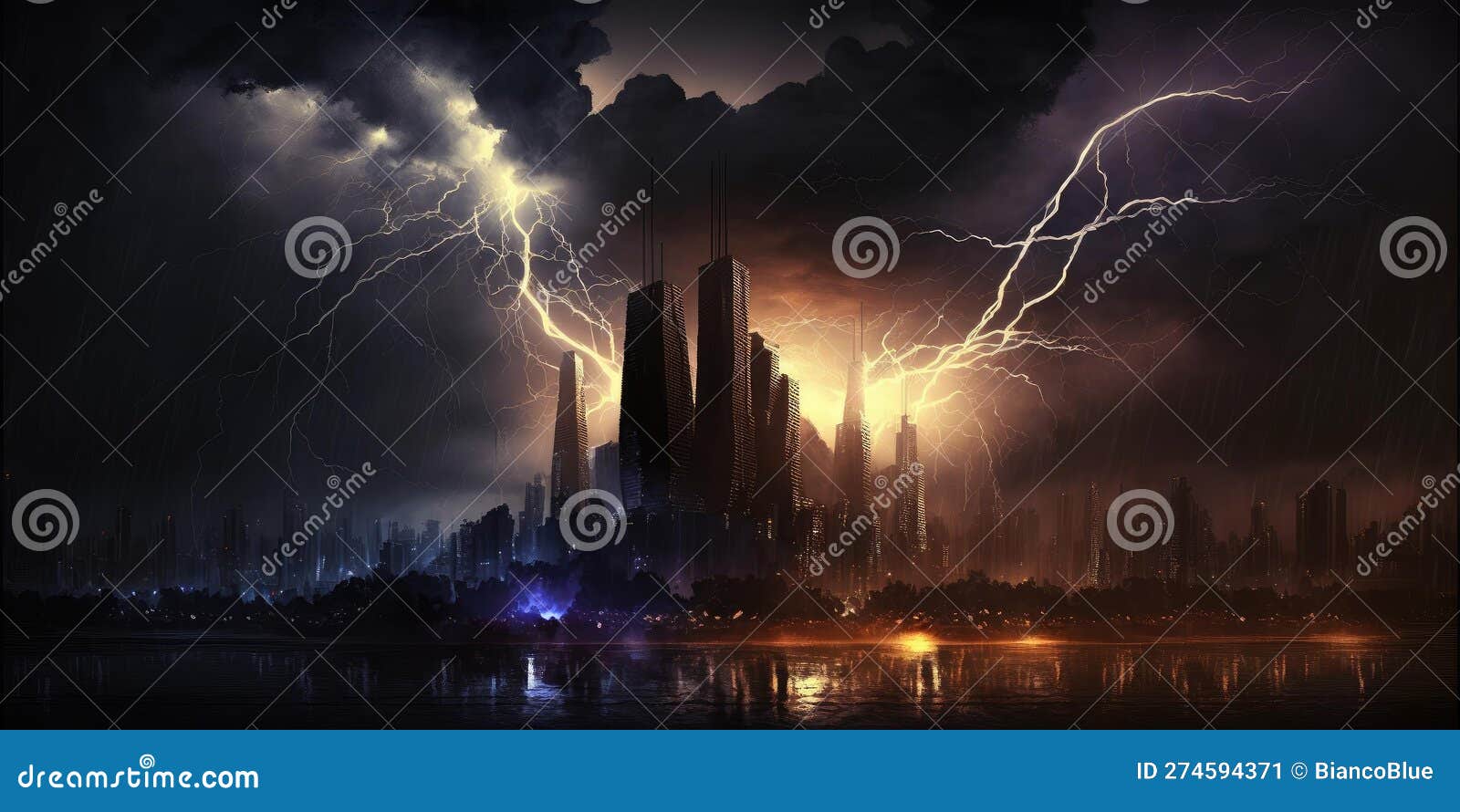 Destructive and Powerful Thunder Storm Strike Metropolis City with ...