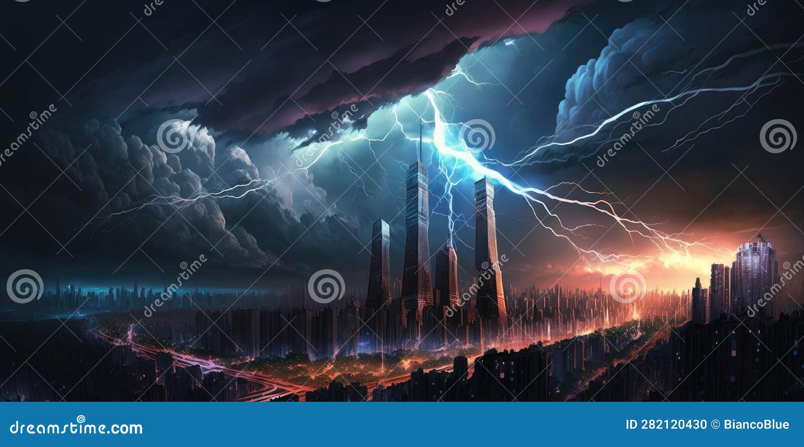 Destructive and Powerful Thunder Storm Strike Metropolis City with ...