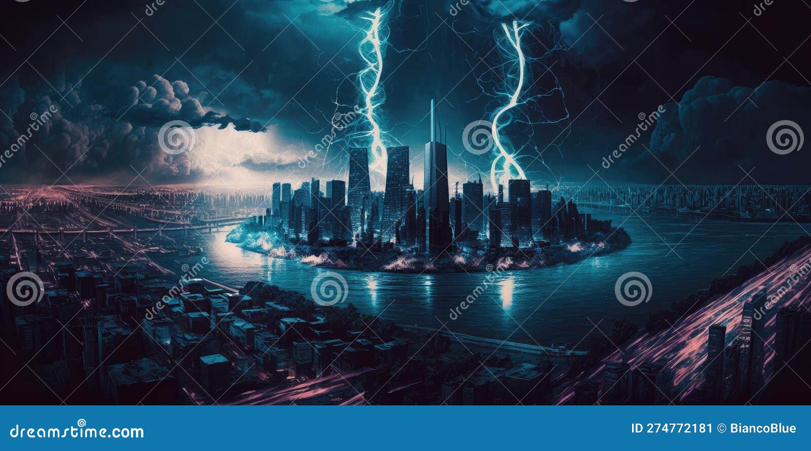 Destructive and Powerful Thunder Storm Strike Metropolis City with ...
