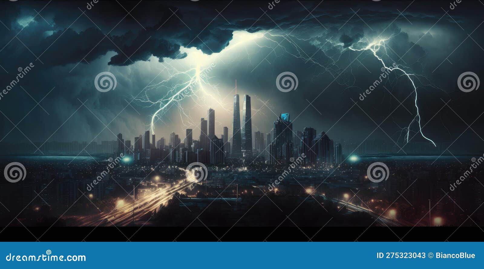 Destructive and Powerful Thunder Storm Strike Metropolis City with ...