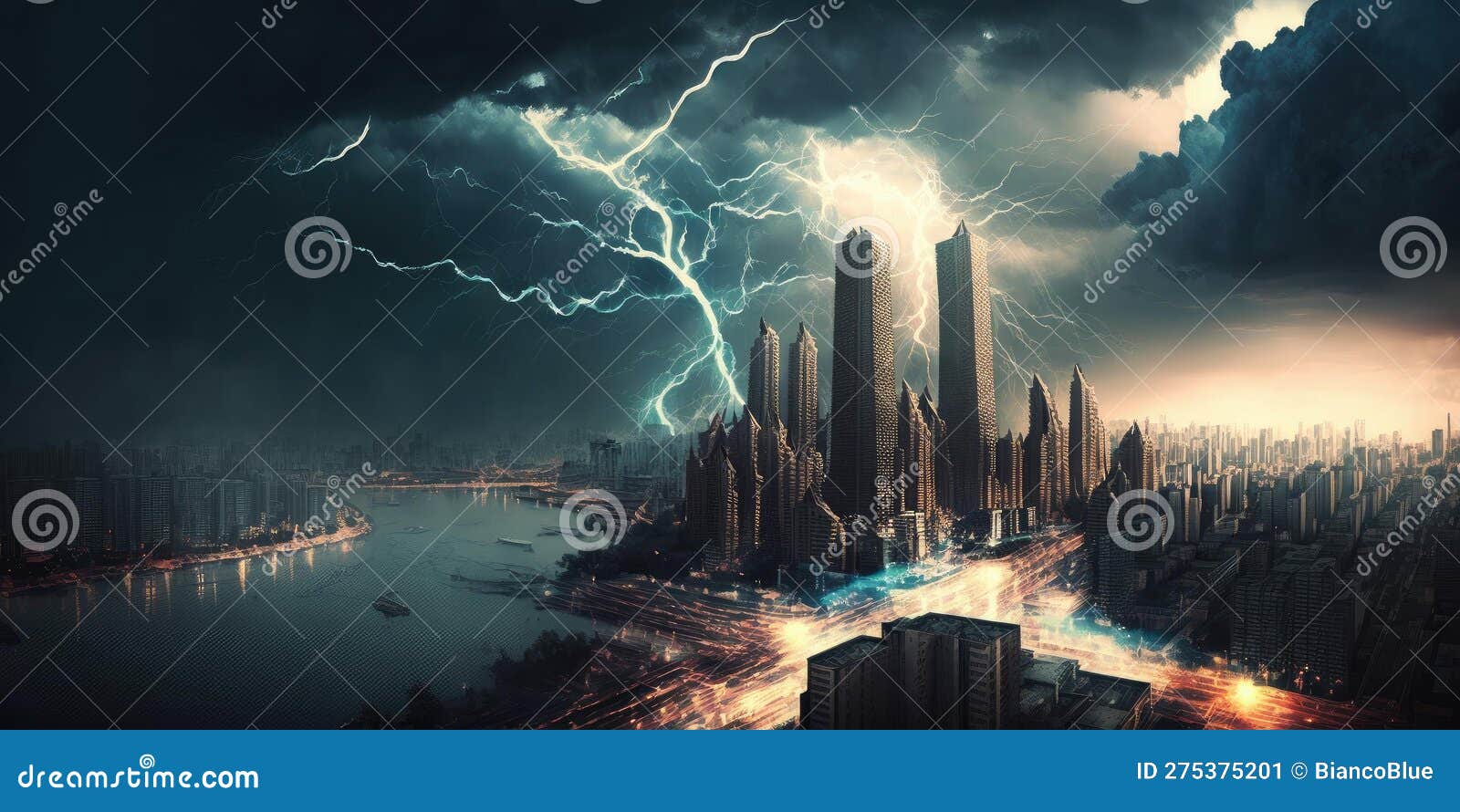 Destructive and Powerful Thunder Storm Strike Metropolis City with ...
