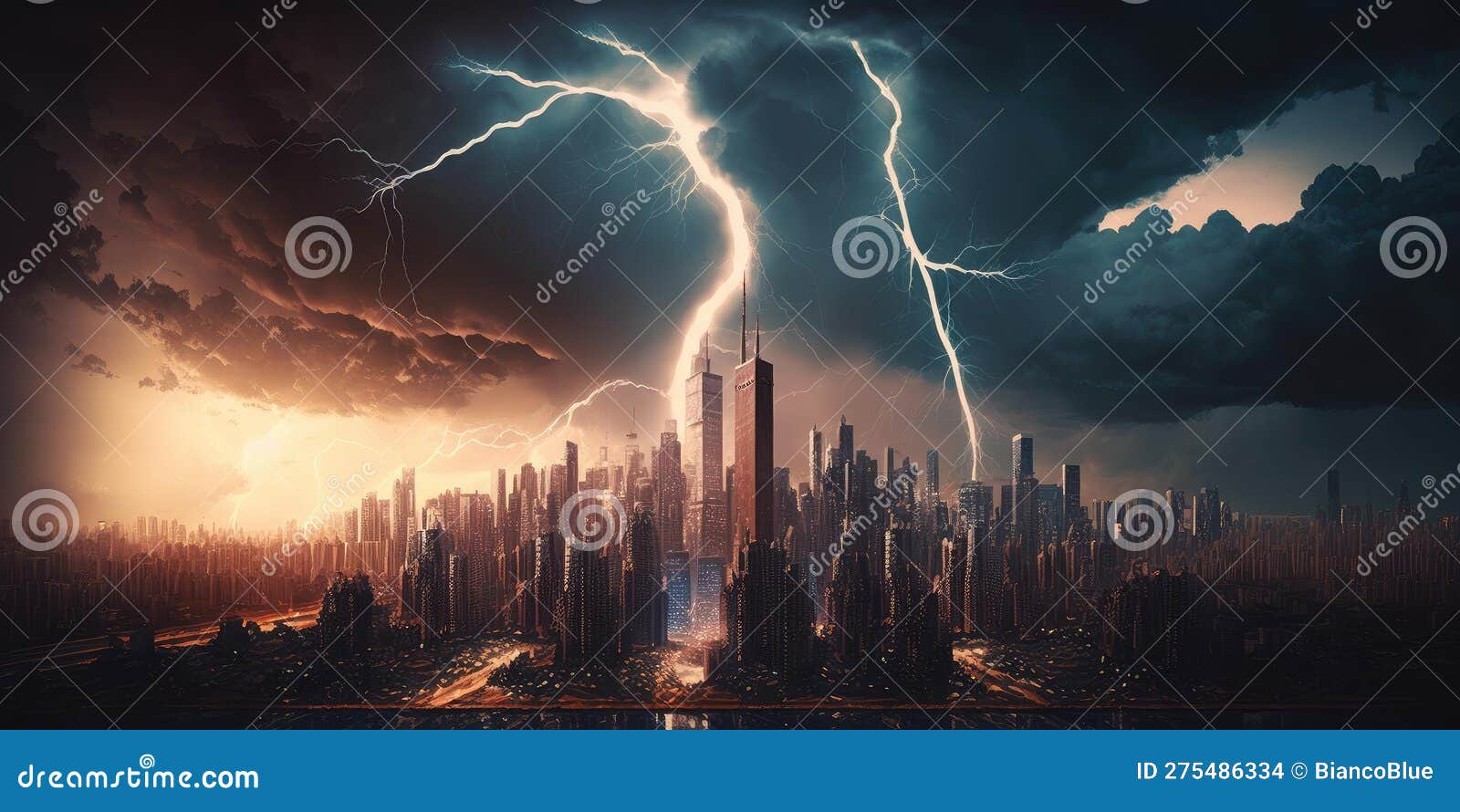 Destructive and Powerful Thunder Storm Strike Metropolis City with ...