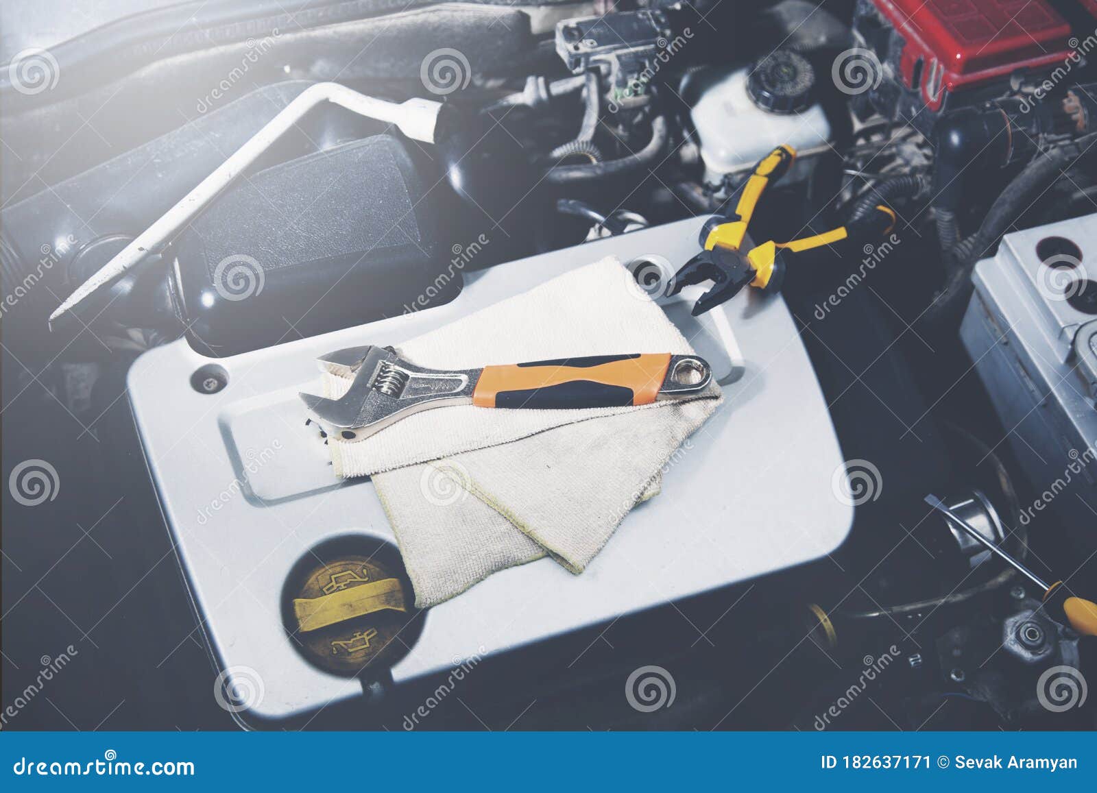 Detail of Car Engine with Tools Stock Image - Image of machine ...