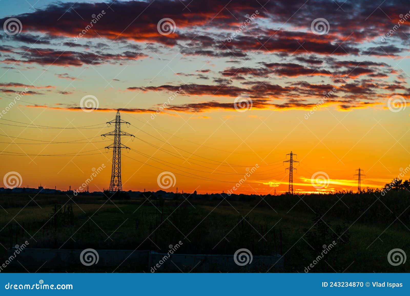 Detail of Electric Pole with Electric Cables and Crop Fields Stock ...