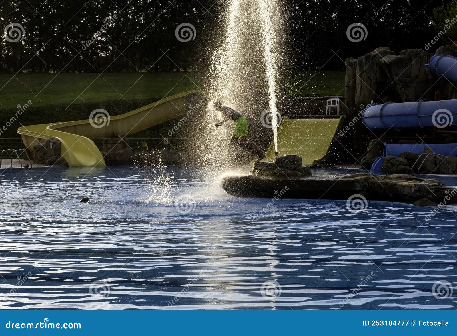 Pool with slides stock image. Image of park, aqua, water - 253184777