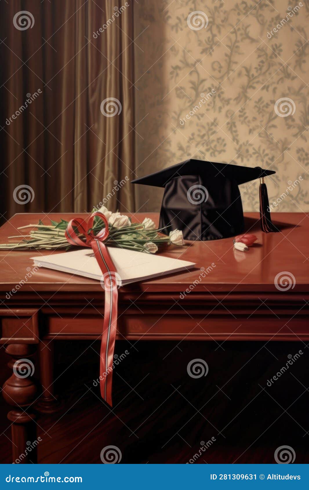 Detail of a Graduation Cap and Diploma on a Table Stock Illustration ...