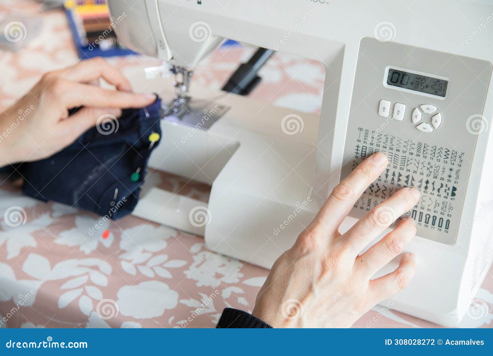 Detail of a Hand Pressing the Button To Select a Stitch for Machine ...