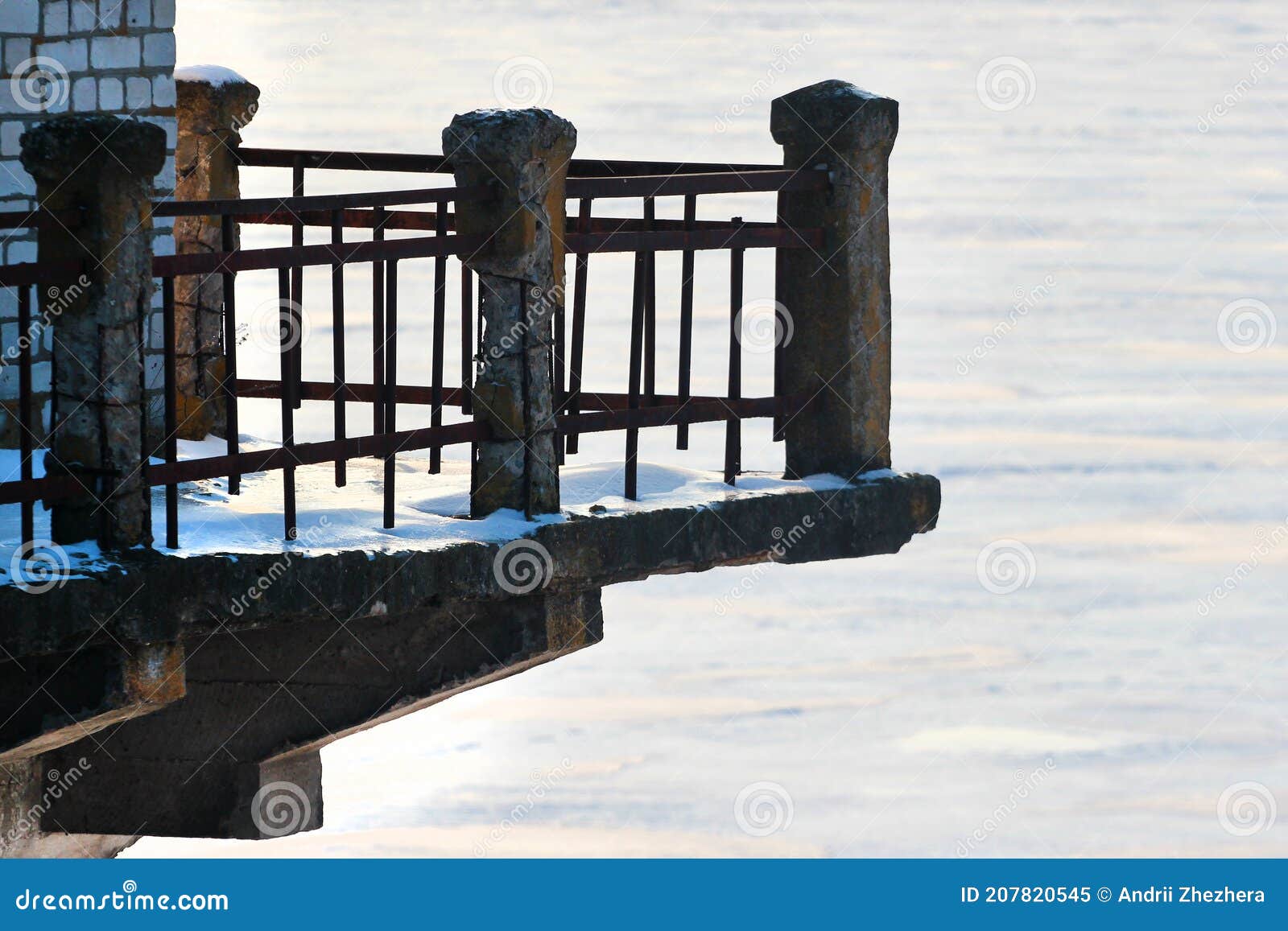 Detail of an Old Abandoned Bridge with Broken Railing Over a Frozen ...