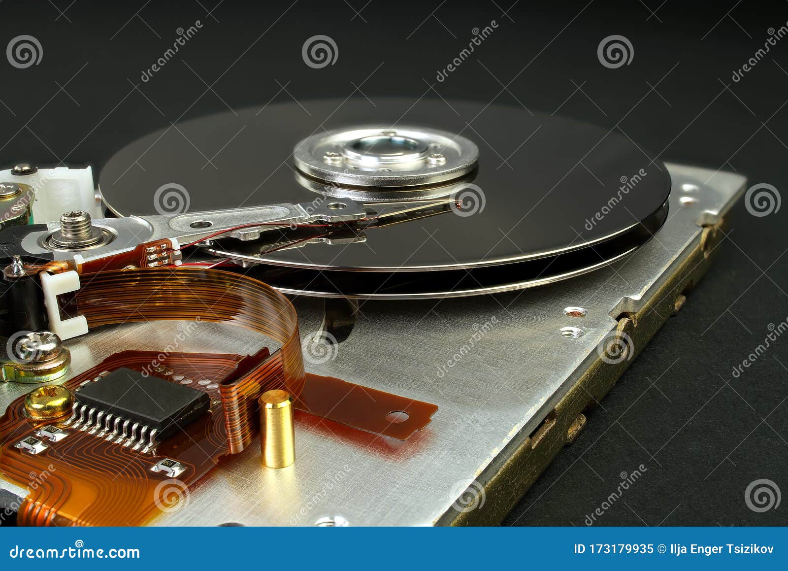 Detail of Reading - Writing Head of Hard Drive. Close Up Inside of Hard ...