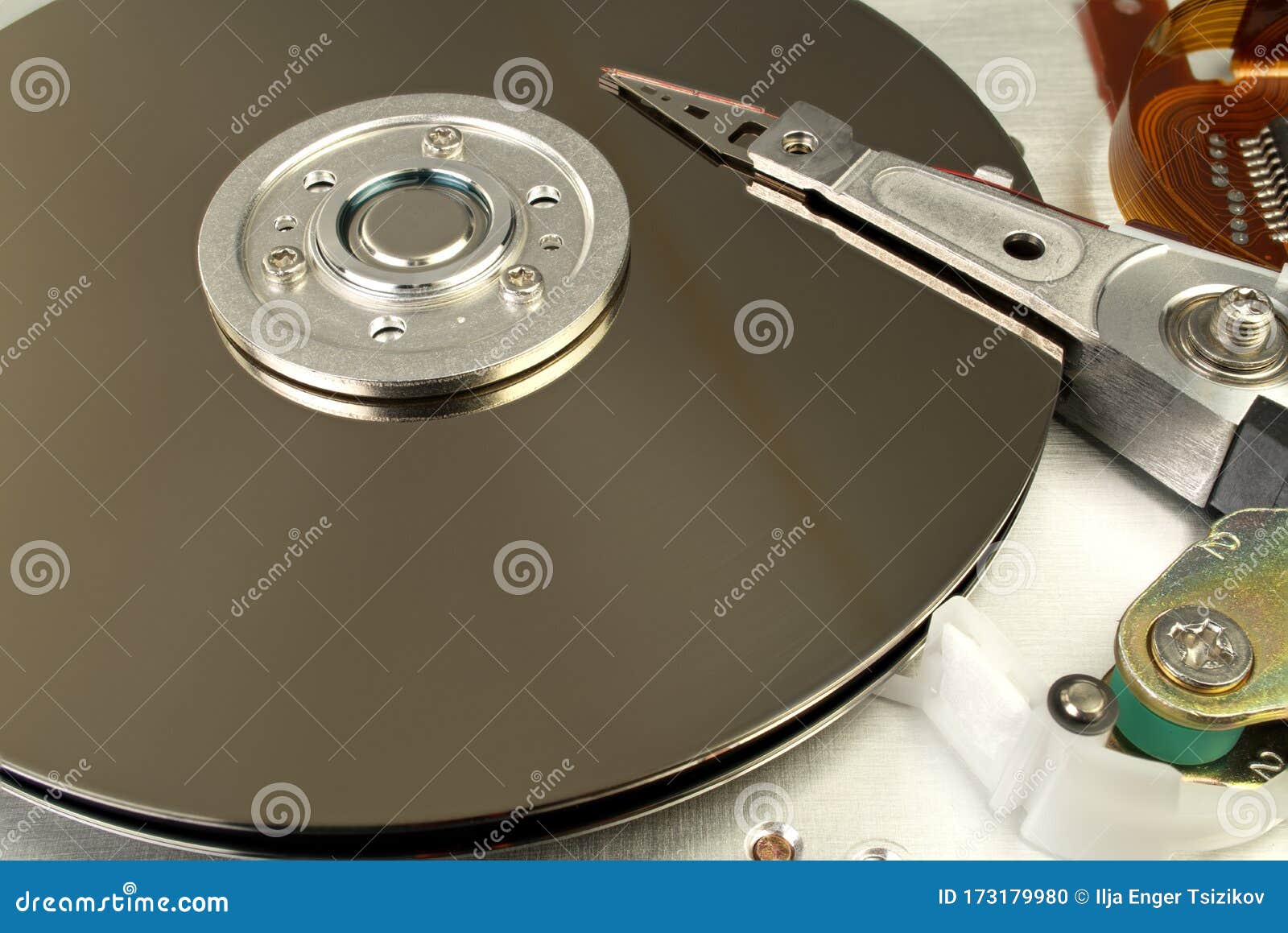 Detail of Reading - Writing Head of Hard Drive. Close Up Inside of Hard ...