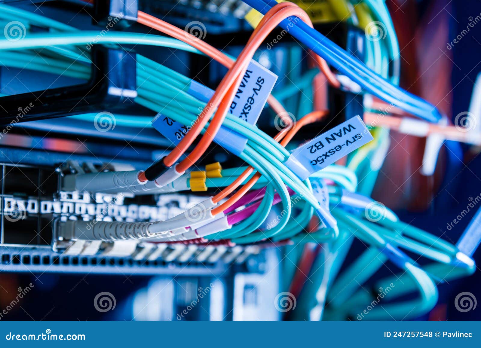 Detail of Server Rack with Fiber Optic Cables Attached To Front Stock ...