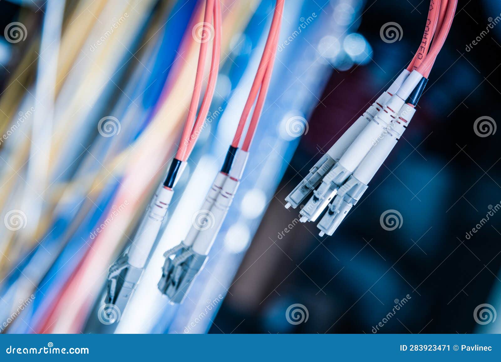 Detail of Server Room with Bunch of Fiber Optic Cables at the Ba Stock ...