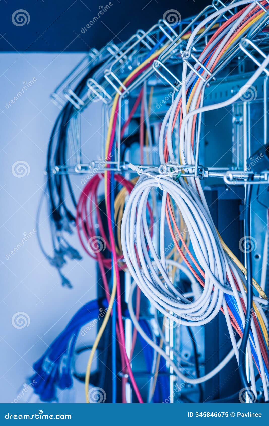 Detail of Server Room with Bunch of Fiber Optic Cables at the Ba Stock ...