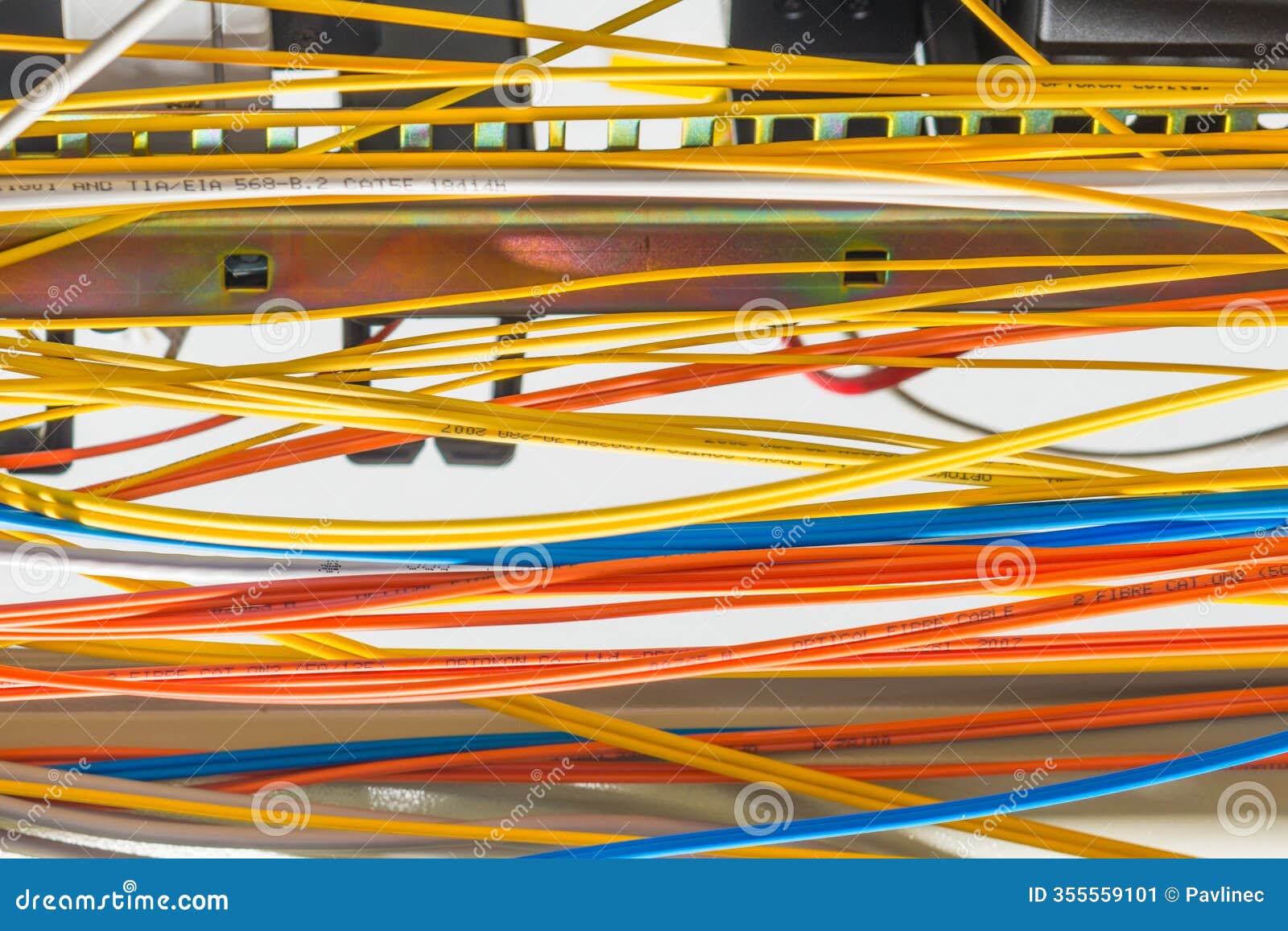 Detail of Server Room with Bunch of Fiber Optic Cables at the Ba Stock ...