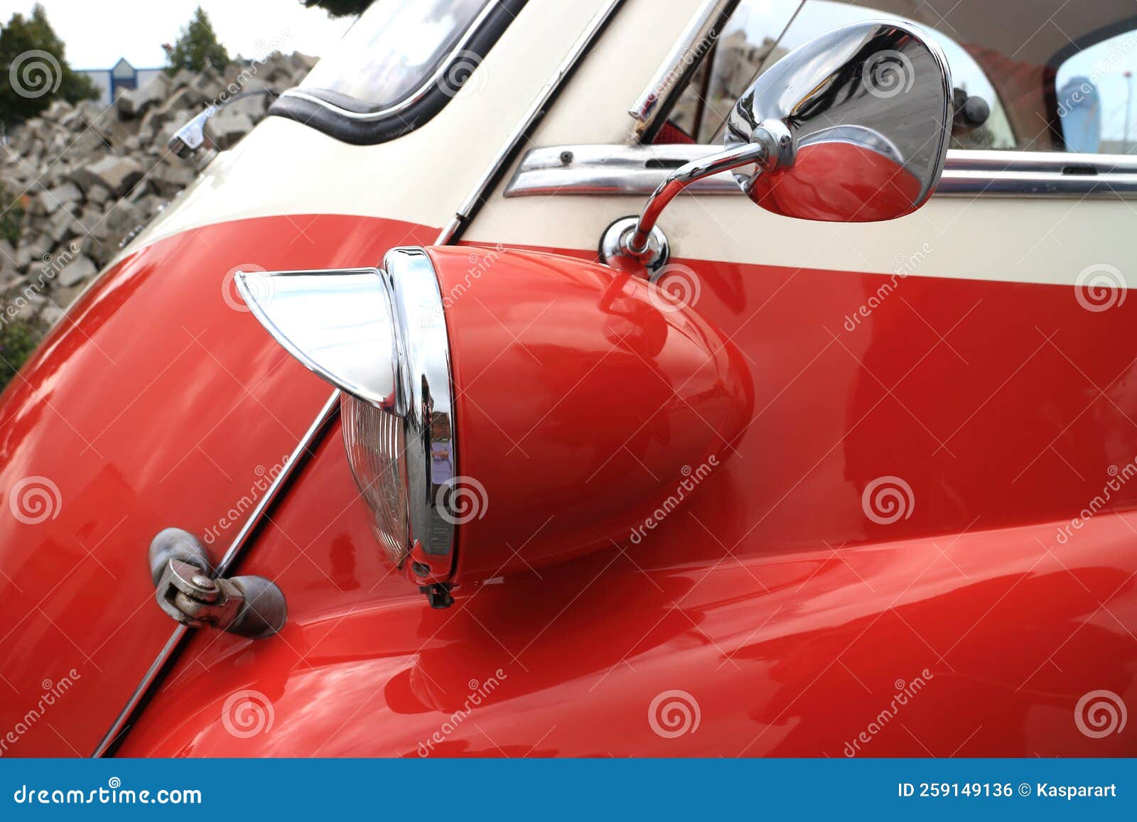 Detail of a Small Red Vintage Car with Headlight and Sideview Mirror ...