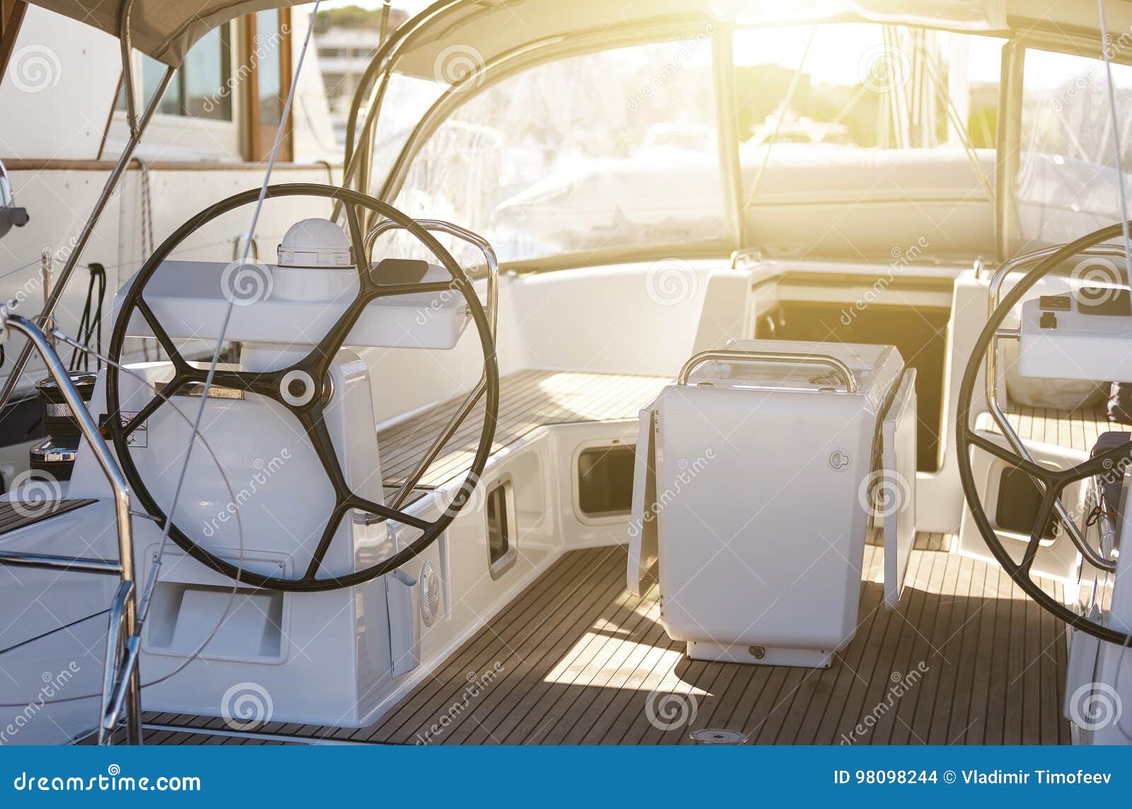 Detail of Steering Wheel and Navigation Instruments of a Sailboat. Blur ...