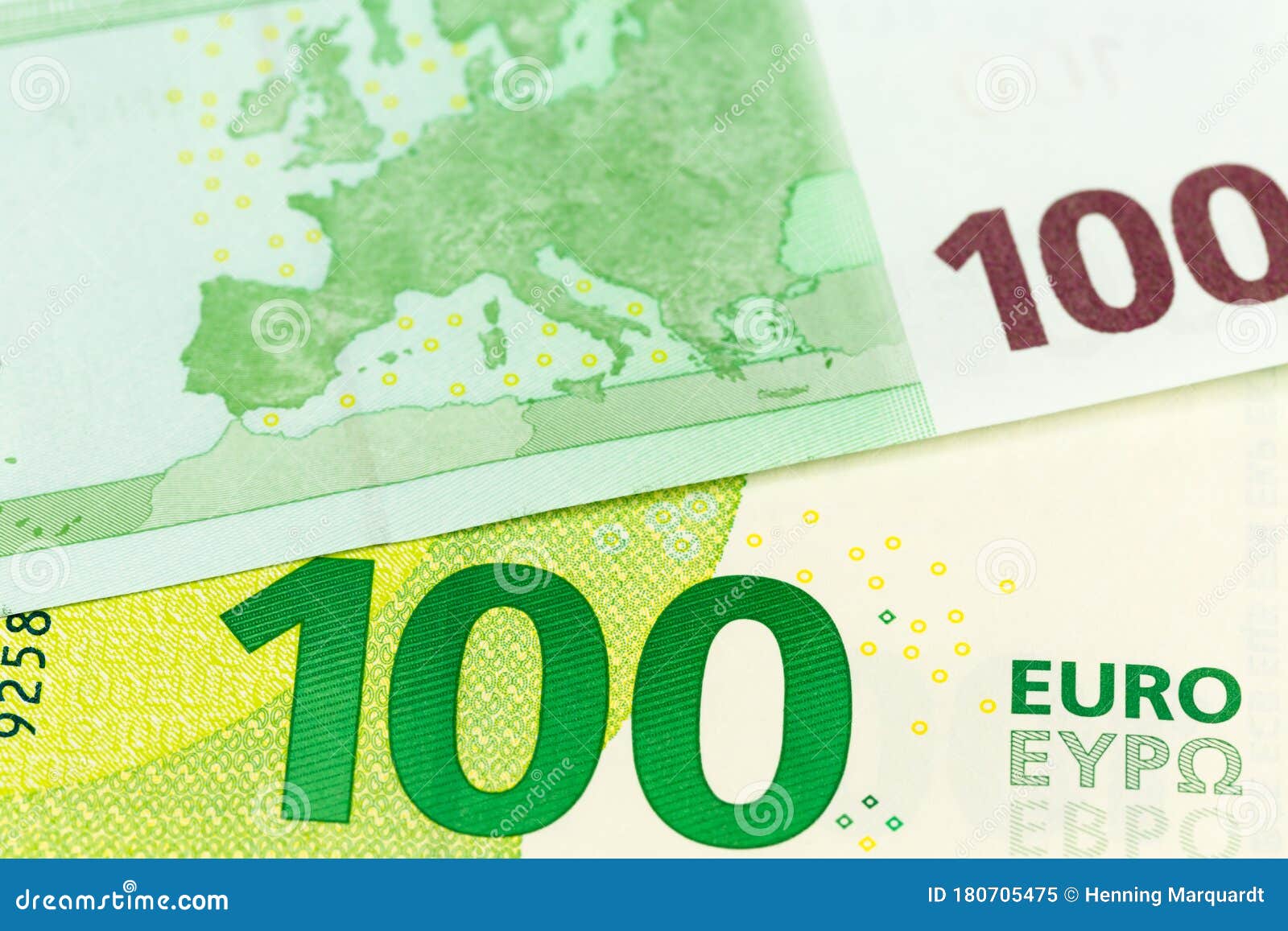 Detail of Two 100 Euro Bank Notes First and Second Edition Reverse ...