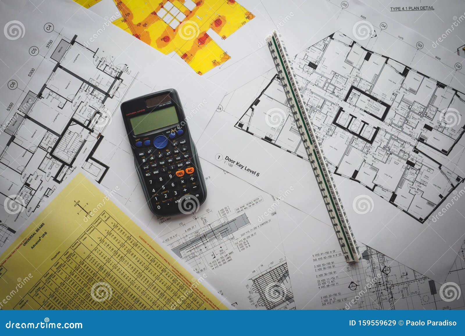 Detail View of Architectural and Structural Construction Drawings with ...