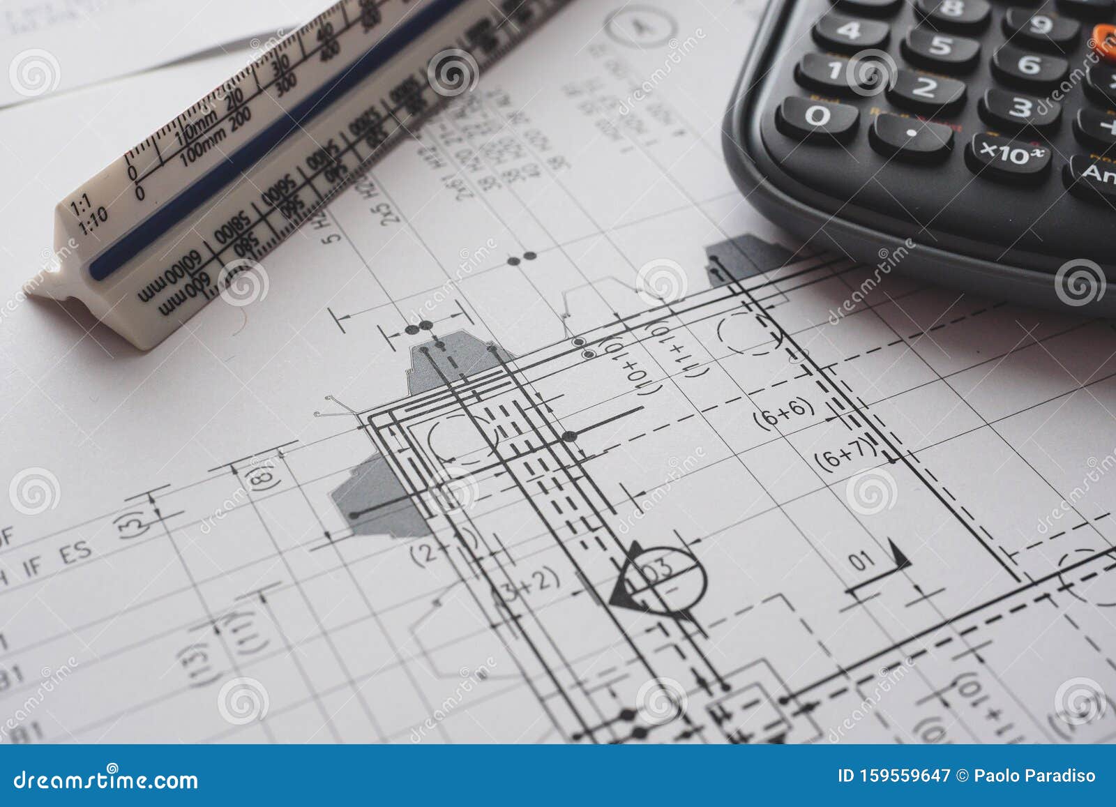 Detail View of Architectural and Structural Construction Drawings with ...