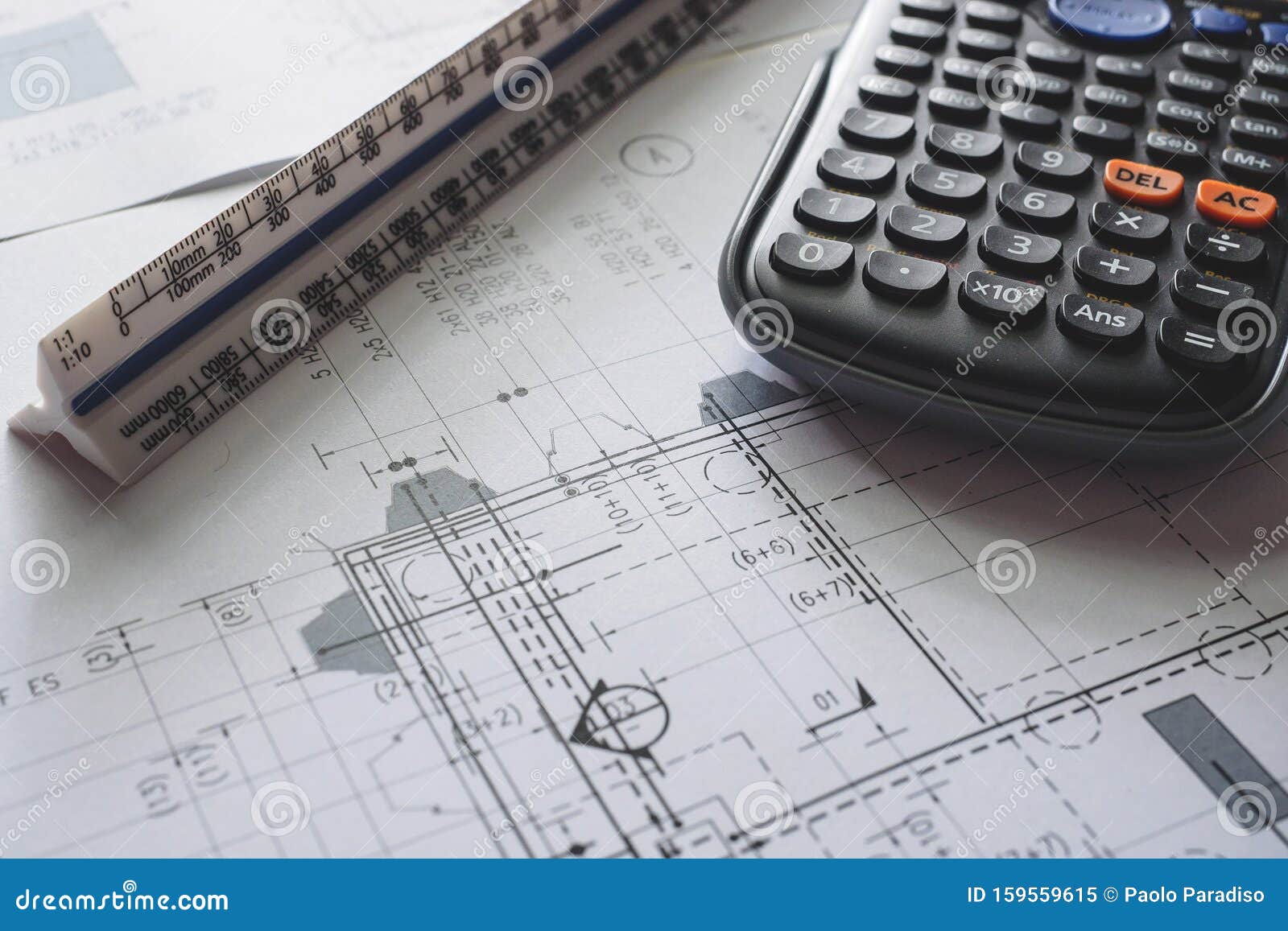 Detail View of Architectural and Structural Construction Drawings with ...