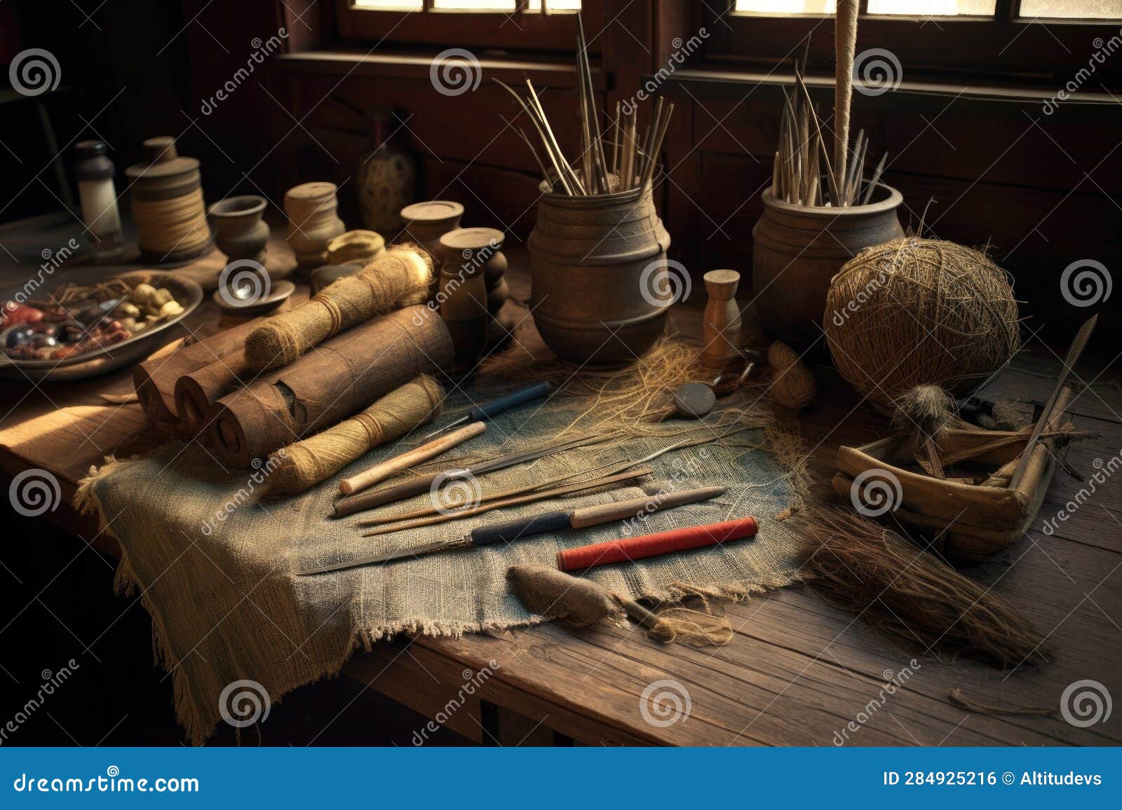 Detail of Weaving Tools and Materials on a Table Stock Illustration ...