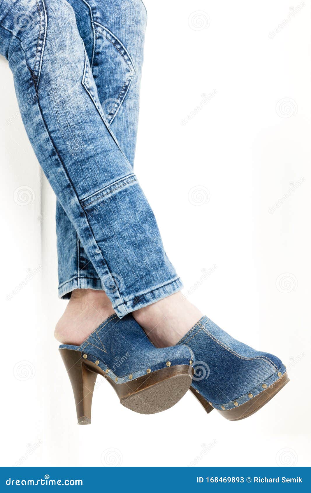 Detail of Woman Wearing Denim Clogs Stock Image - Image of persons ...