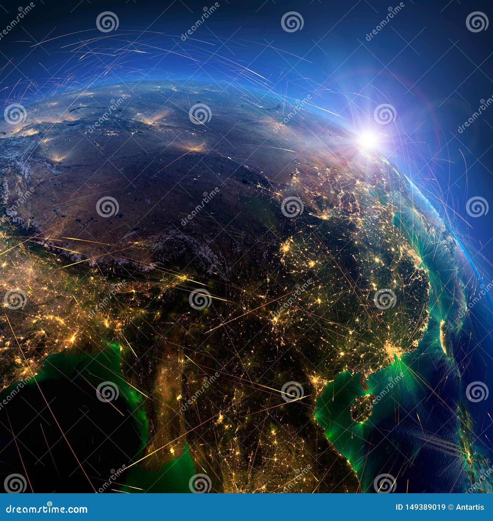 Detailed Air Routes on Earth. China. 3D Rendering Stock Illustration ...