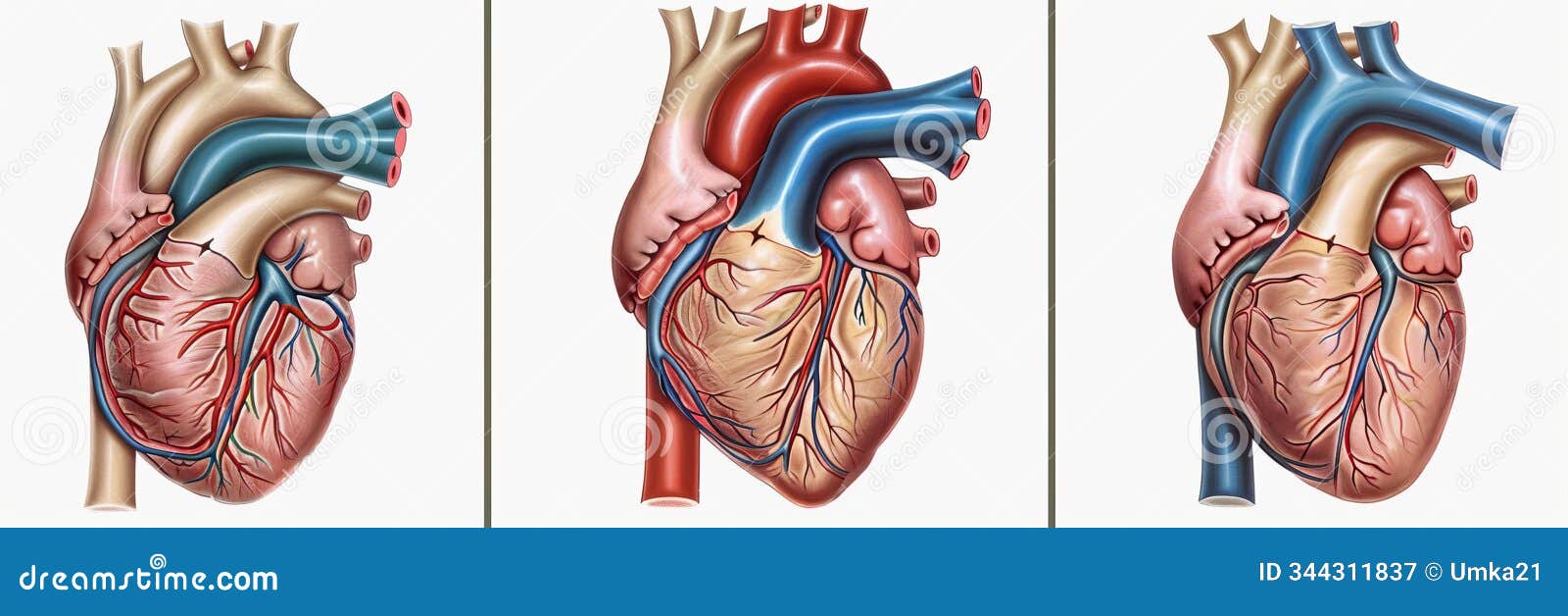 Detailed Anatomical Illustrations of the Human Heart Showing Different ...