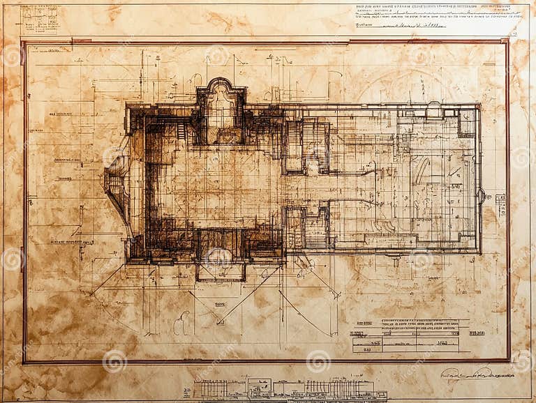 Detailed Architectural Blueprint of Historic Building Design Featuring ...
